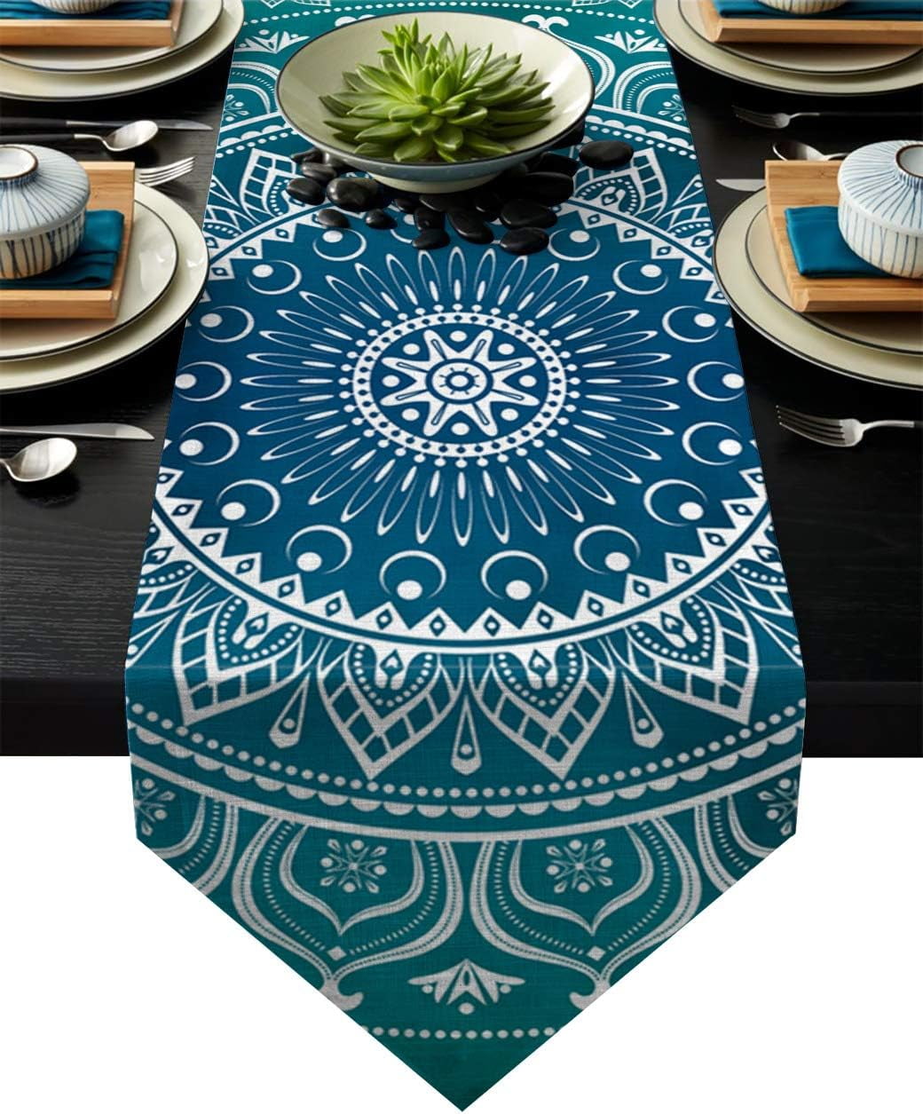 Retro Teal Mandala Flowers Linen Table Runner Dresser Scarves Farmhouse ...