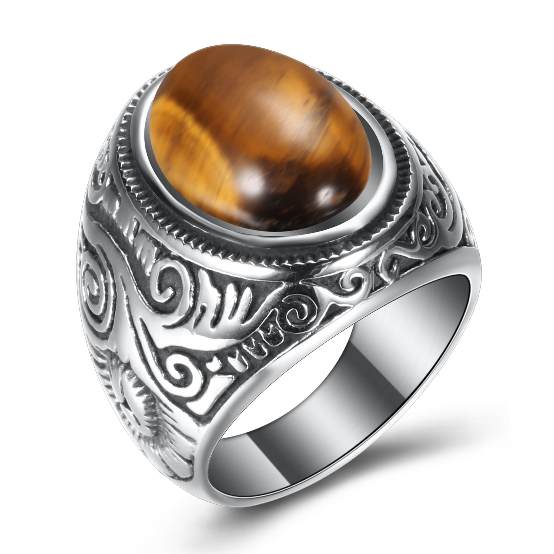Retro Tiger Eye Stone Mens Rings, Black Onyx Rings for Men Stainless ...