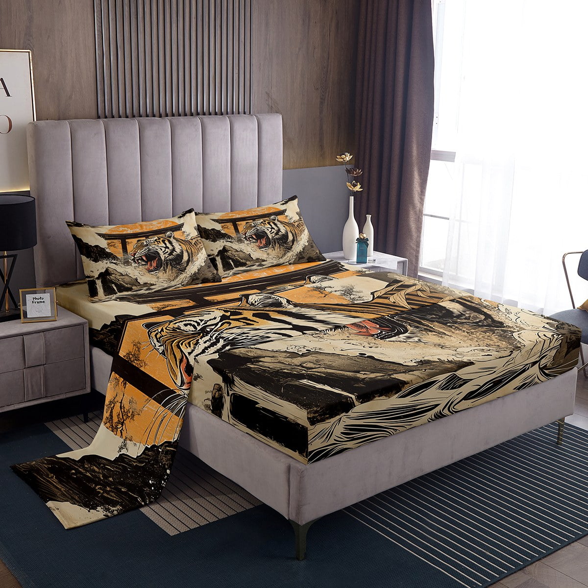 Retro Tiger Sheet Set Japanese Style Ukiyoe Bedding Set Wild Tiger Sun ...