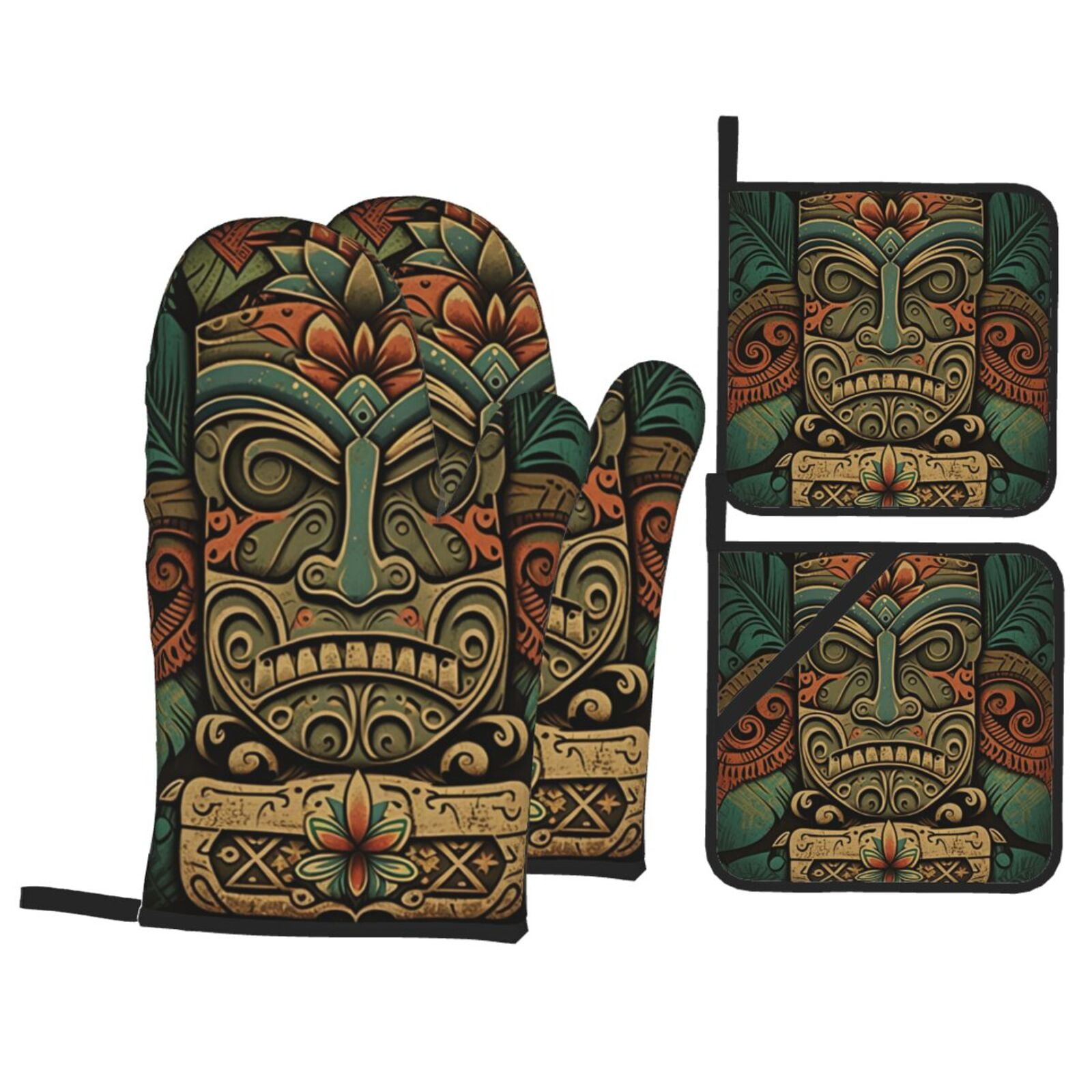 Retro Tiki Tribal Hawaiian Vintage 4Pcs Oven Mitts and Pot Holders Sets ...