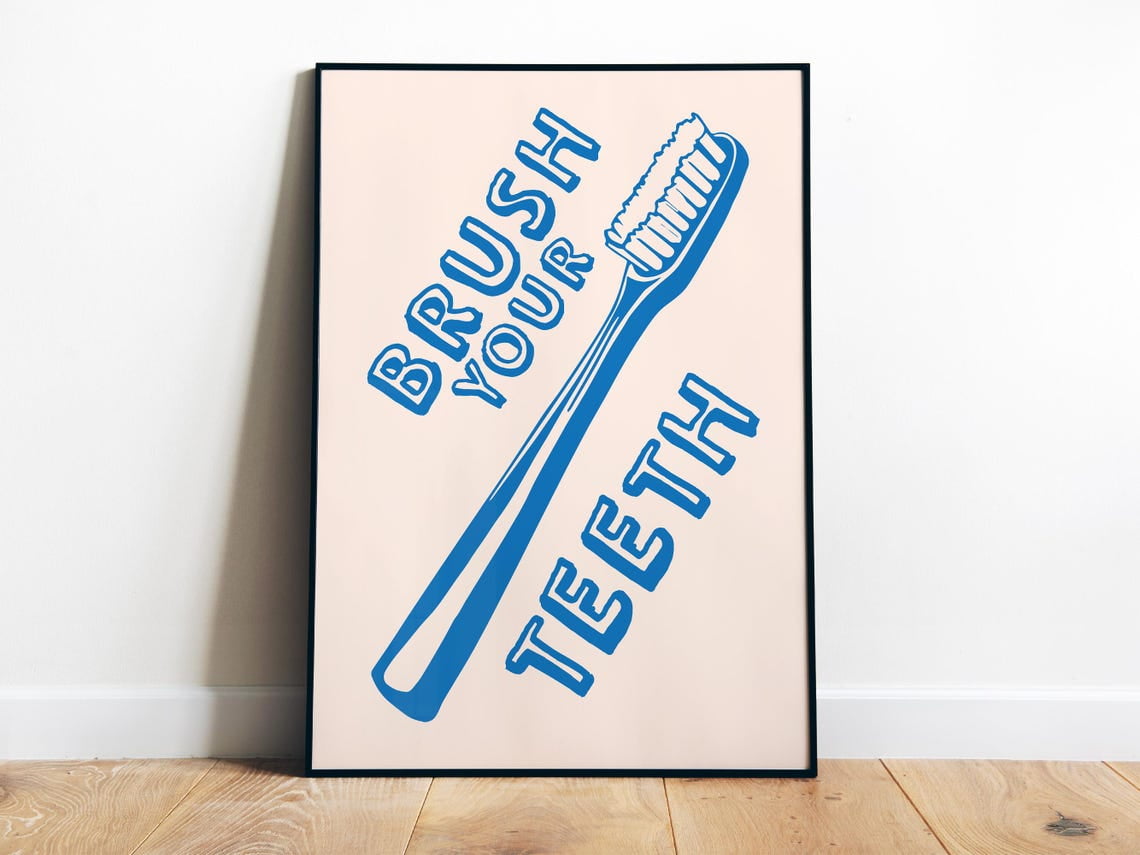 Retro Toothbrush Print Brush Your Teeth Bathroom Wall Art Scandinavian ...