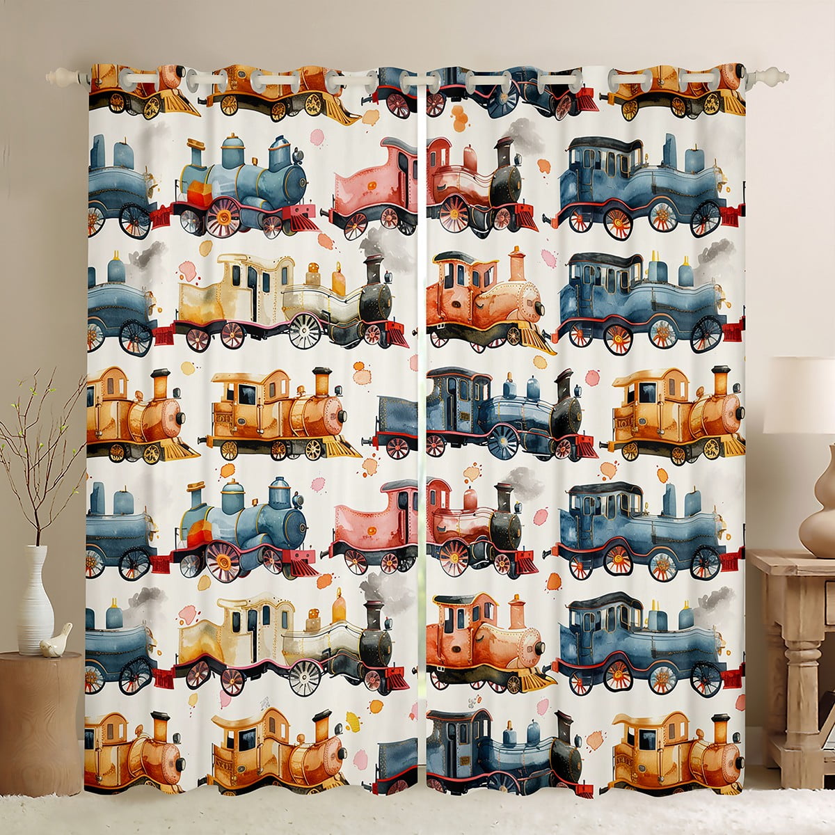 Retro Train 30%-50% Blackout Curtains Cartoon Train Truck Curtains ...