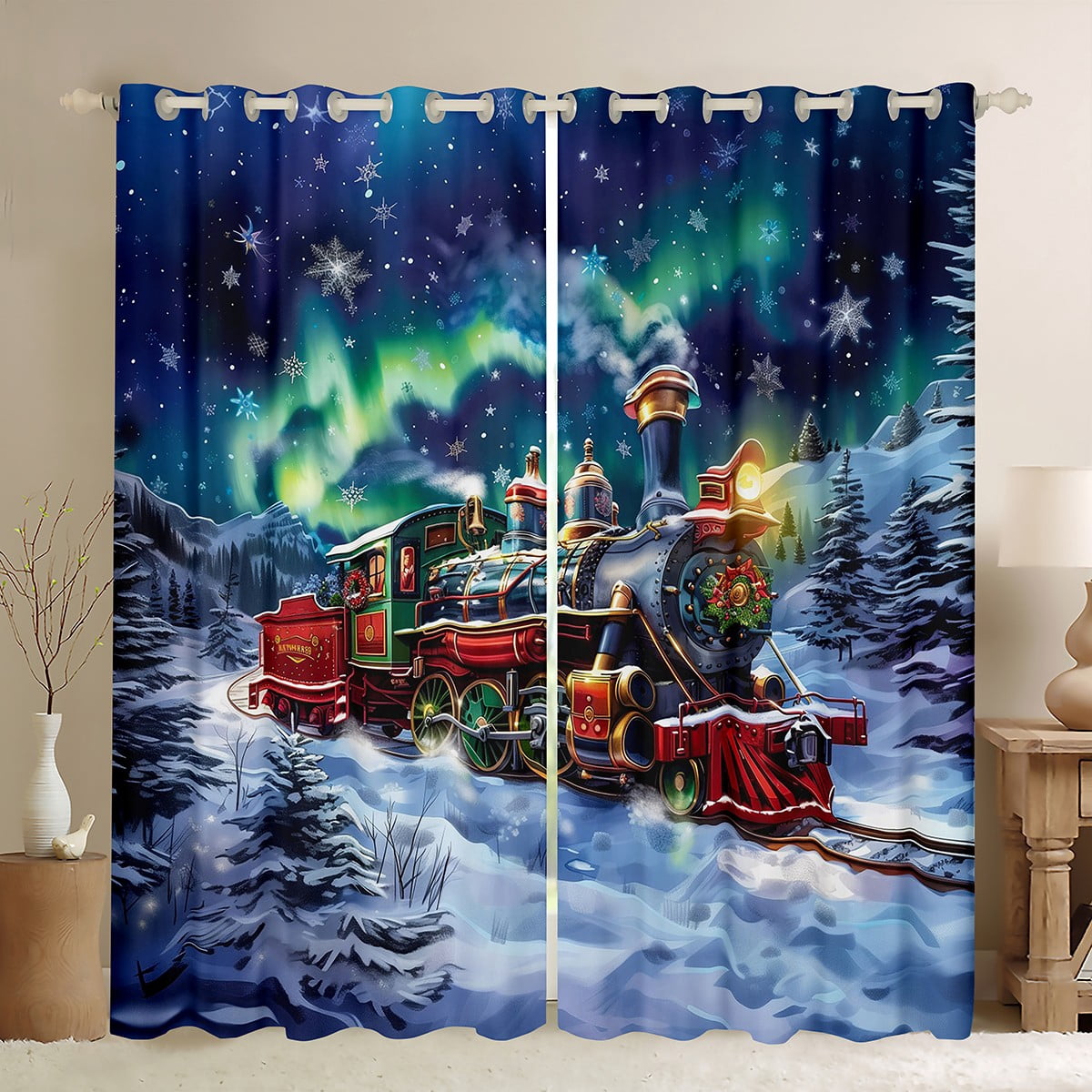 Retro Train 30%-50% Blackout Curtains Christmas Steam Engine (38Wx54L ...