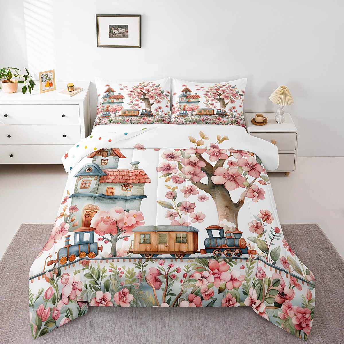 Retro Train Bedding Set Colorful Flowers Botancial Comforter Set Full ...