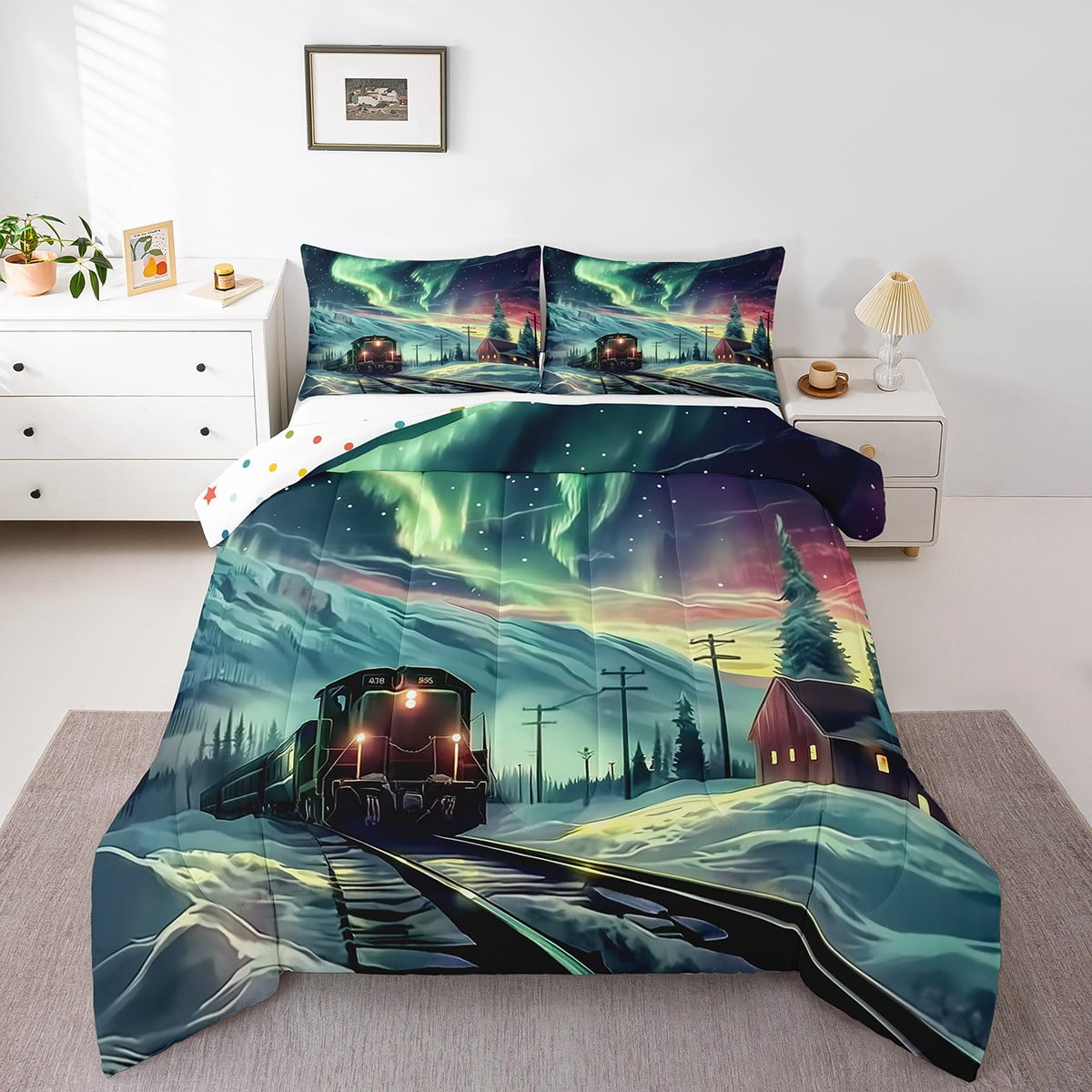 Retro Train Bedding Set Winter Theme Steam Engine Full Comforter Sets ...