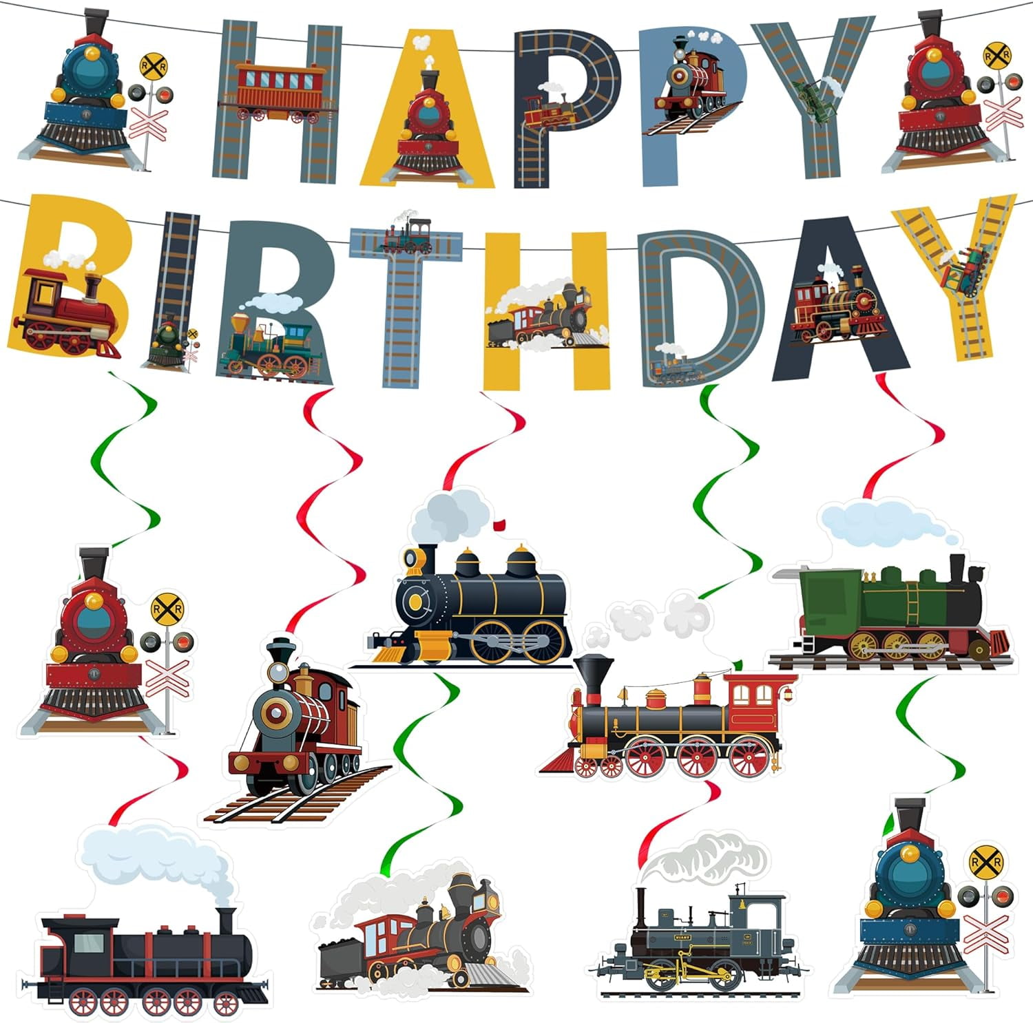Retro Train Birthday Decorations, Train Birthday Party Supplies with ...