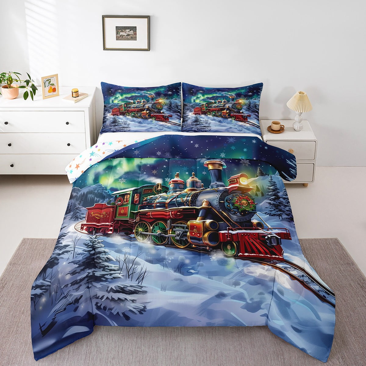 Retro Train Comforter Set Christmas Steam Engine Full Bedding Sets ...