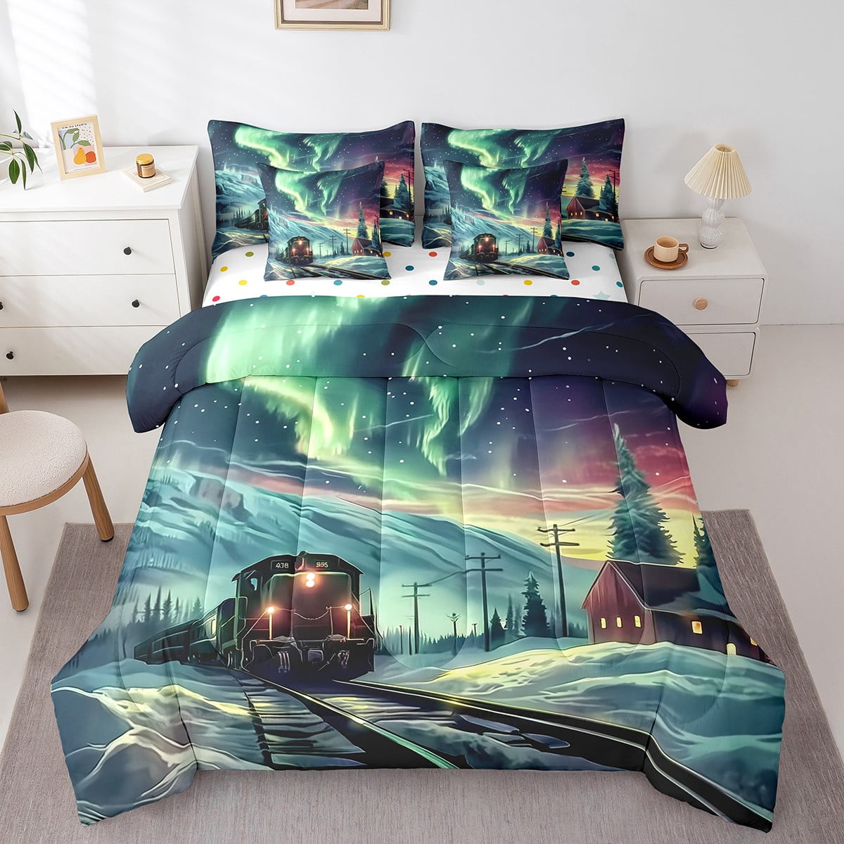 Retro Train Comforter Sets Winter Theme Steam Engine Full Bed In A Bag ...