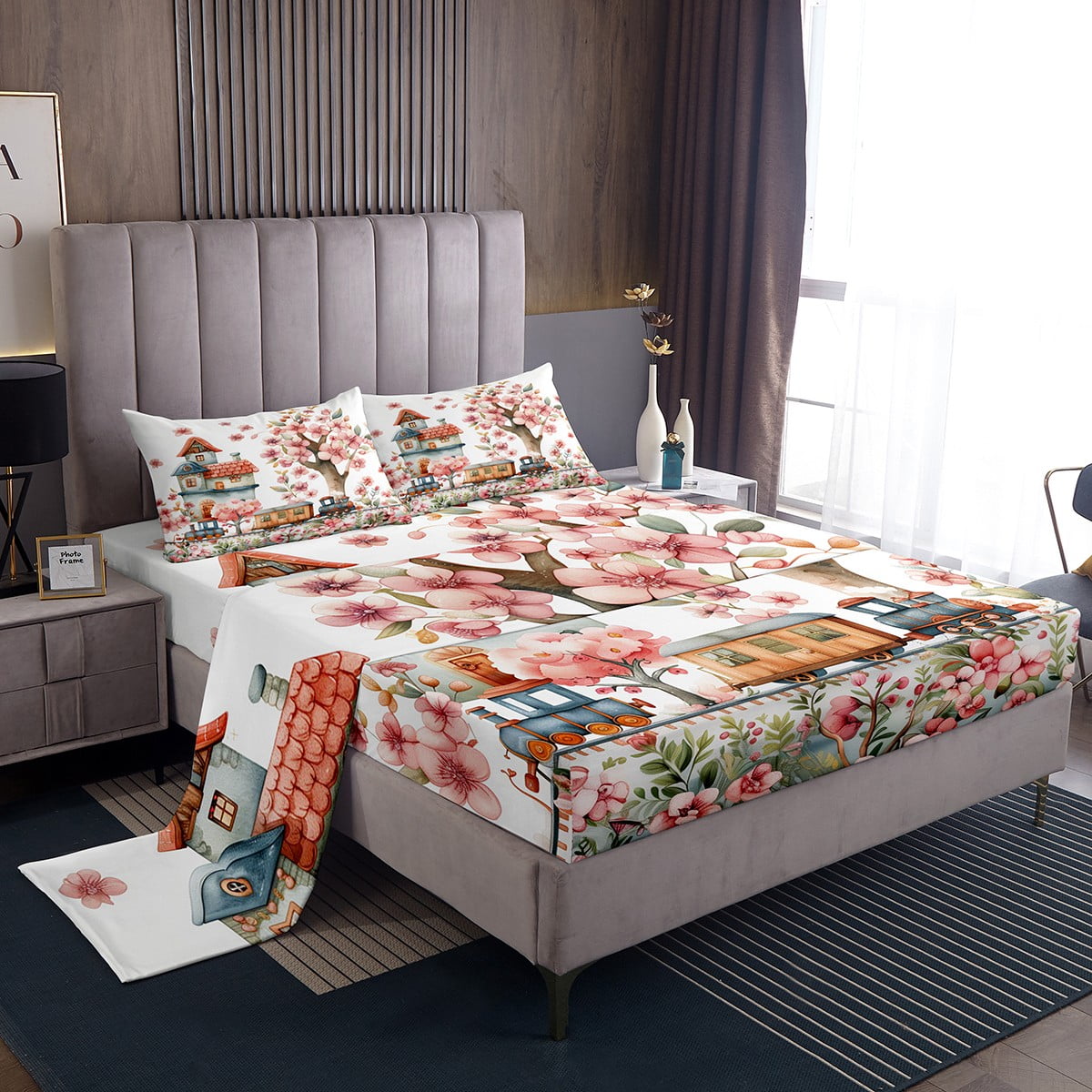 Retro Train Bed Sheets Set Colorful Flowers Botancial Sheets Twin Teens ...