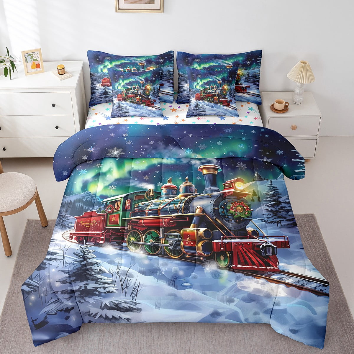 Retro Train Queen Comforter Set 7 Pieces Christmas Steam Engine Bedding ...