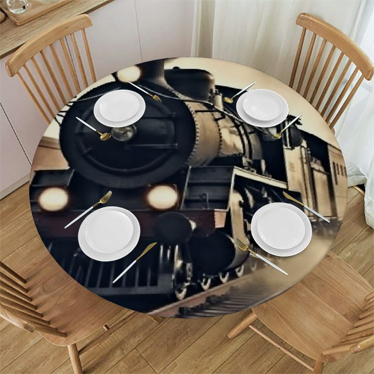 Retro Train Round Tablecloth with Elastic Edge,Locomotive Train Fitted ...
