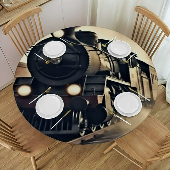 Retro Train Round Tablecloth with Elastic Edge,Locomotive Train Fitted ...