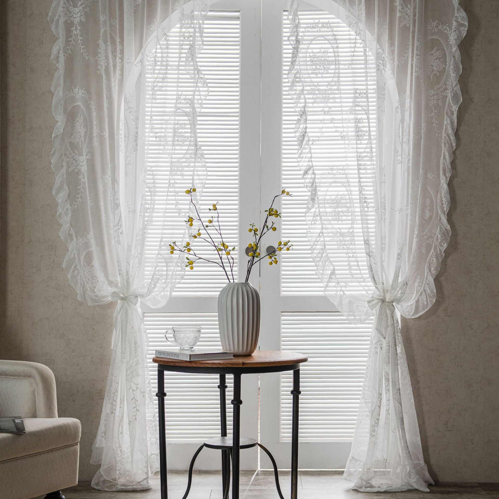 Retro Transparent Lace Gauze Curtain Ruffled Balcony Bay Window White ...
