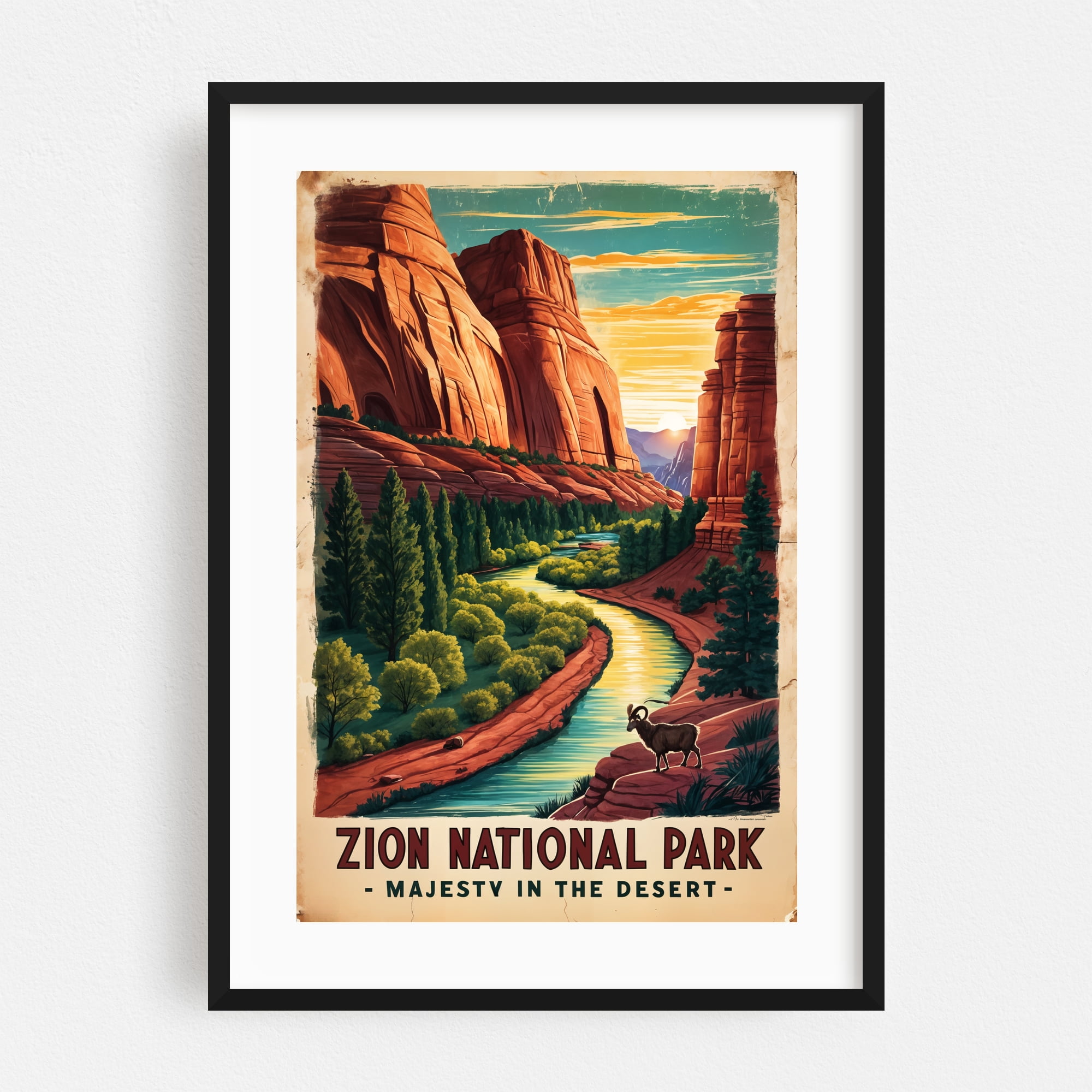 Retro Travel Art: Zion's Towering Sandstone Cliffs - Utah Illustration ...