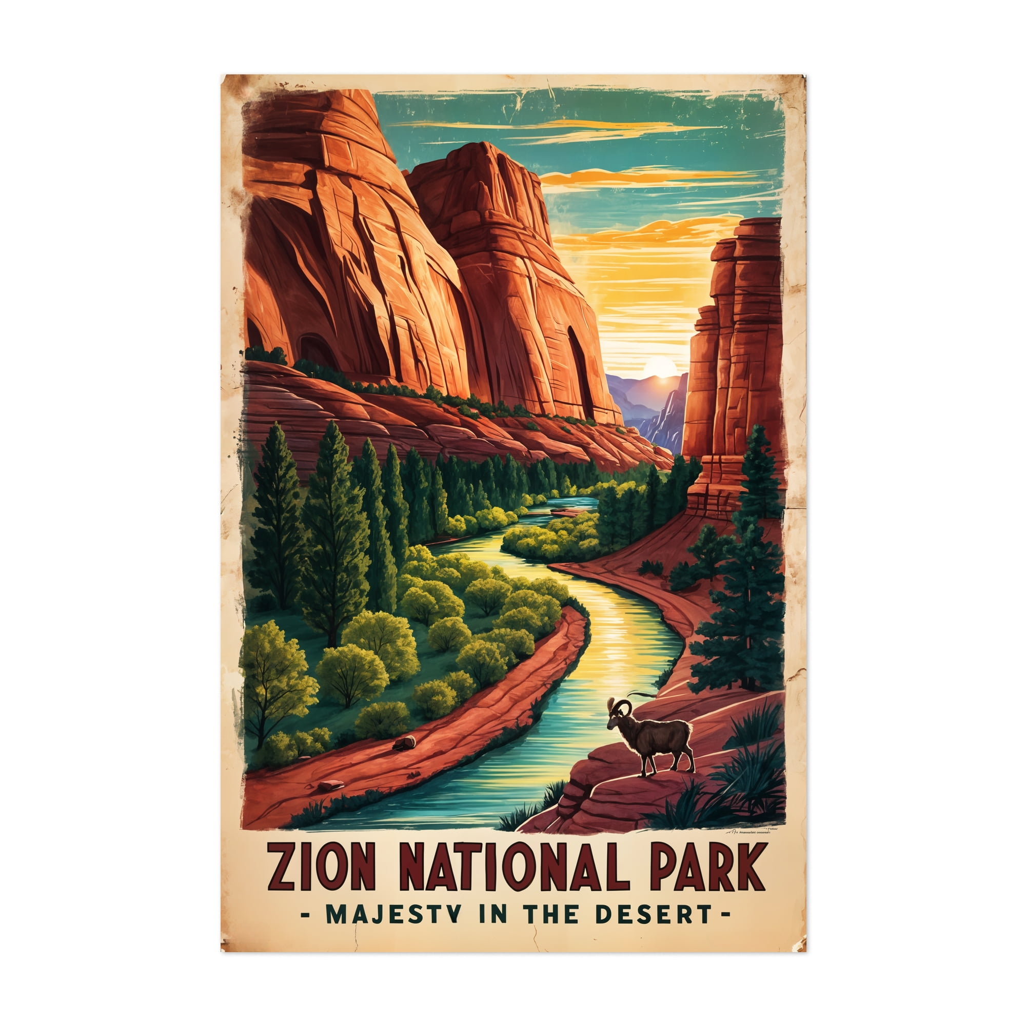 Retro Travel Art: Zion's Towering Sandstone Cliffs - Utah Illustration ...