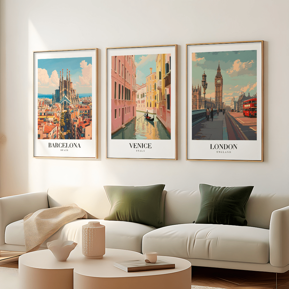 Retro Travel Poster Multiple Locations Vintage City Landmark Poster Set ...