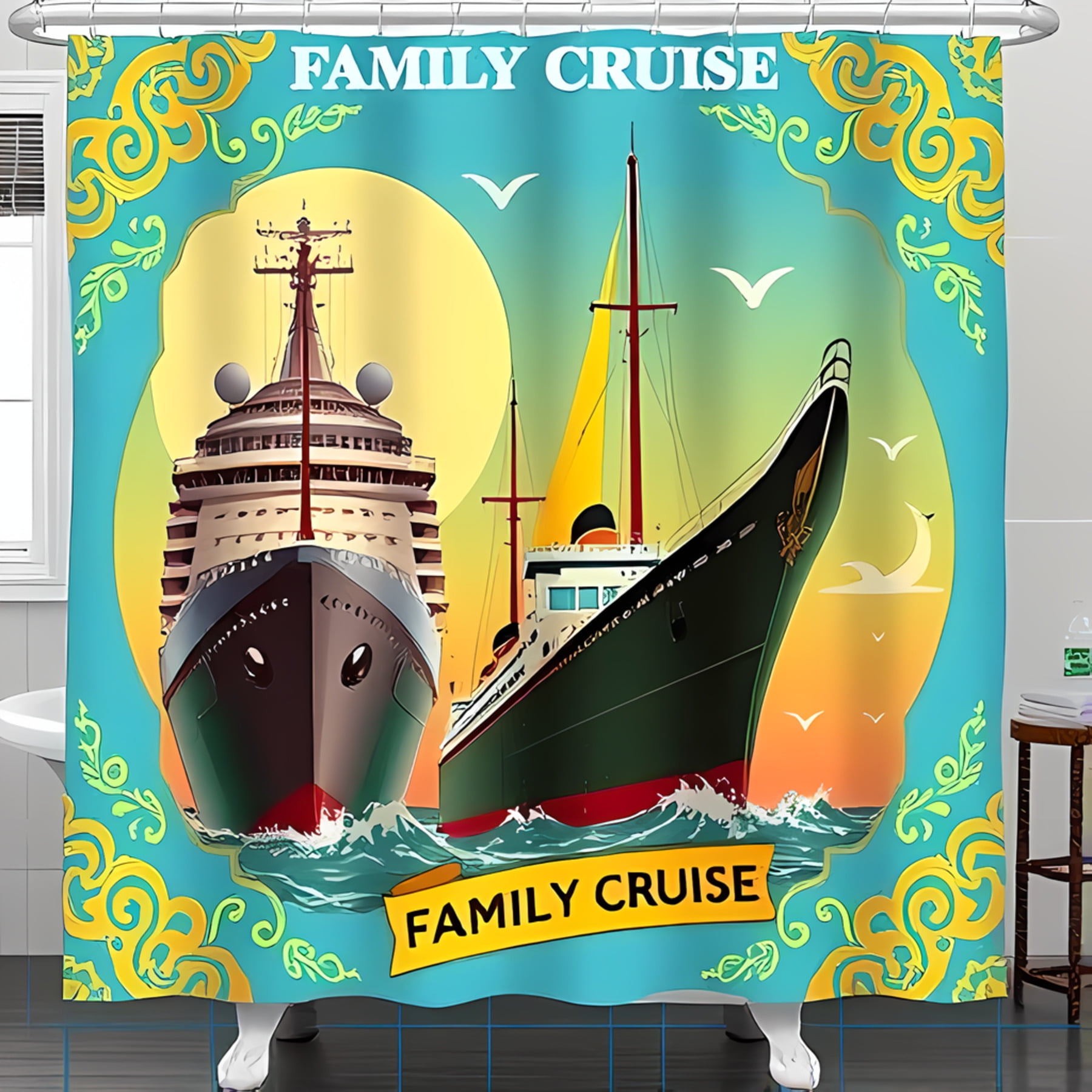 Retro Travel Poster Shower Curtain with Majestic Cruise Ships Vintage ...