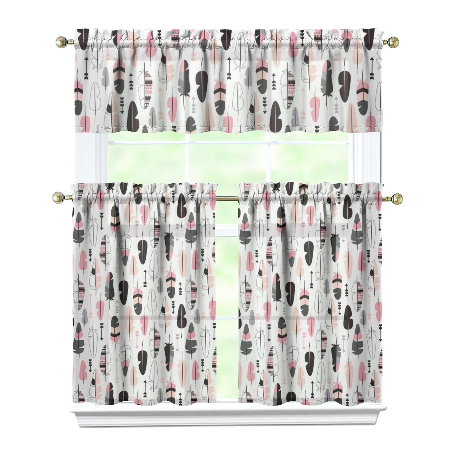 Retro Tribal Kitchen Curtains Set - Rustic Artistic Tier & Valance with ...