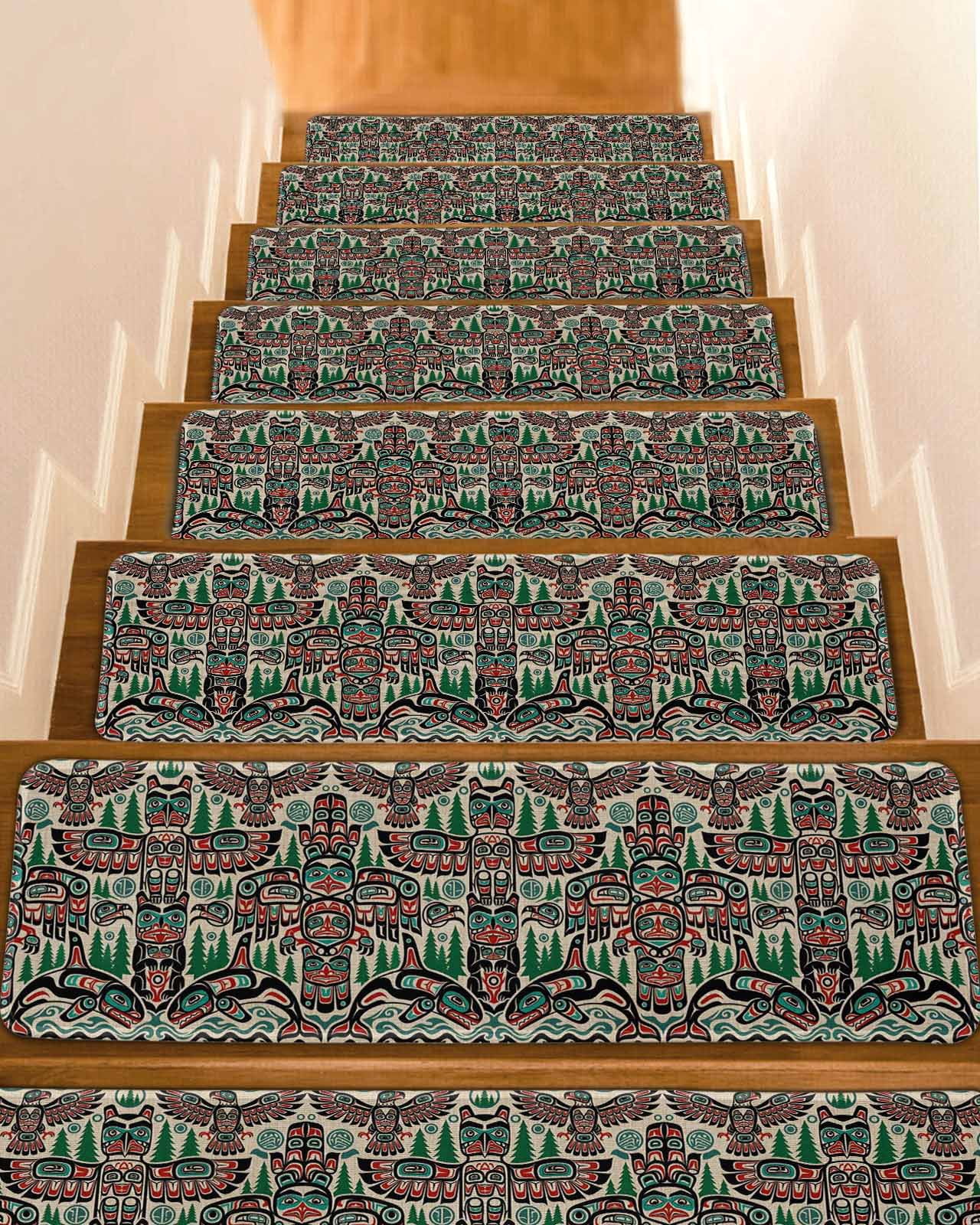 Retro Tribal Pattern Non-Slip Stair Treads for Wooden Steps Green ...