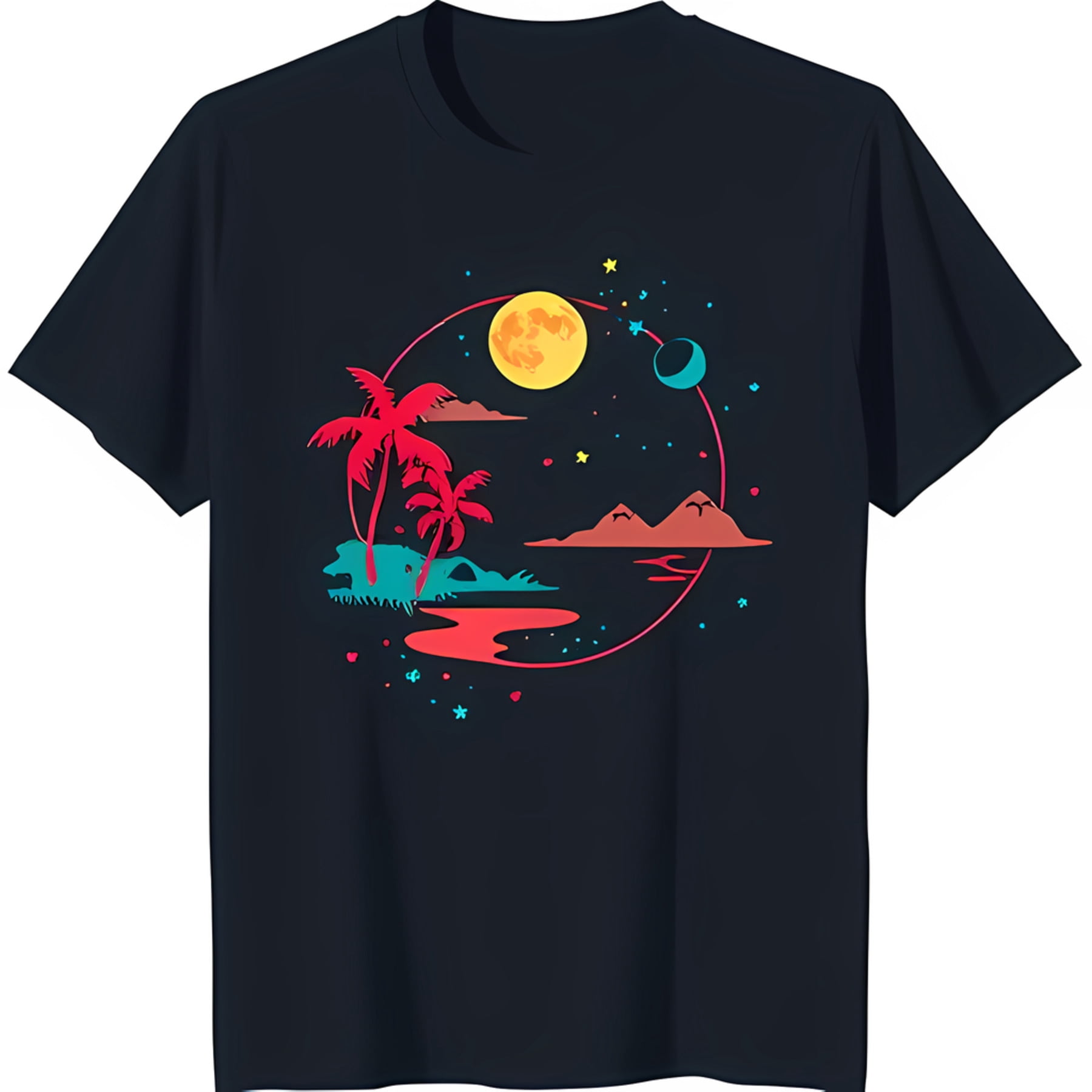Retro Tropical Beach Scene T-Shirt Full Moon Trees & Mountains Dark ...