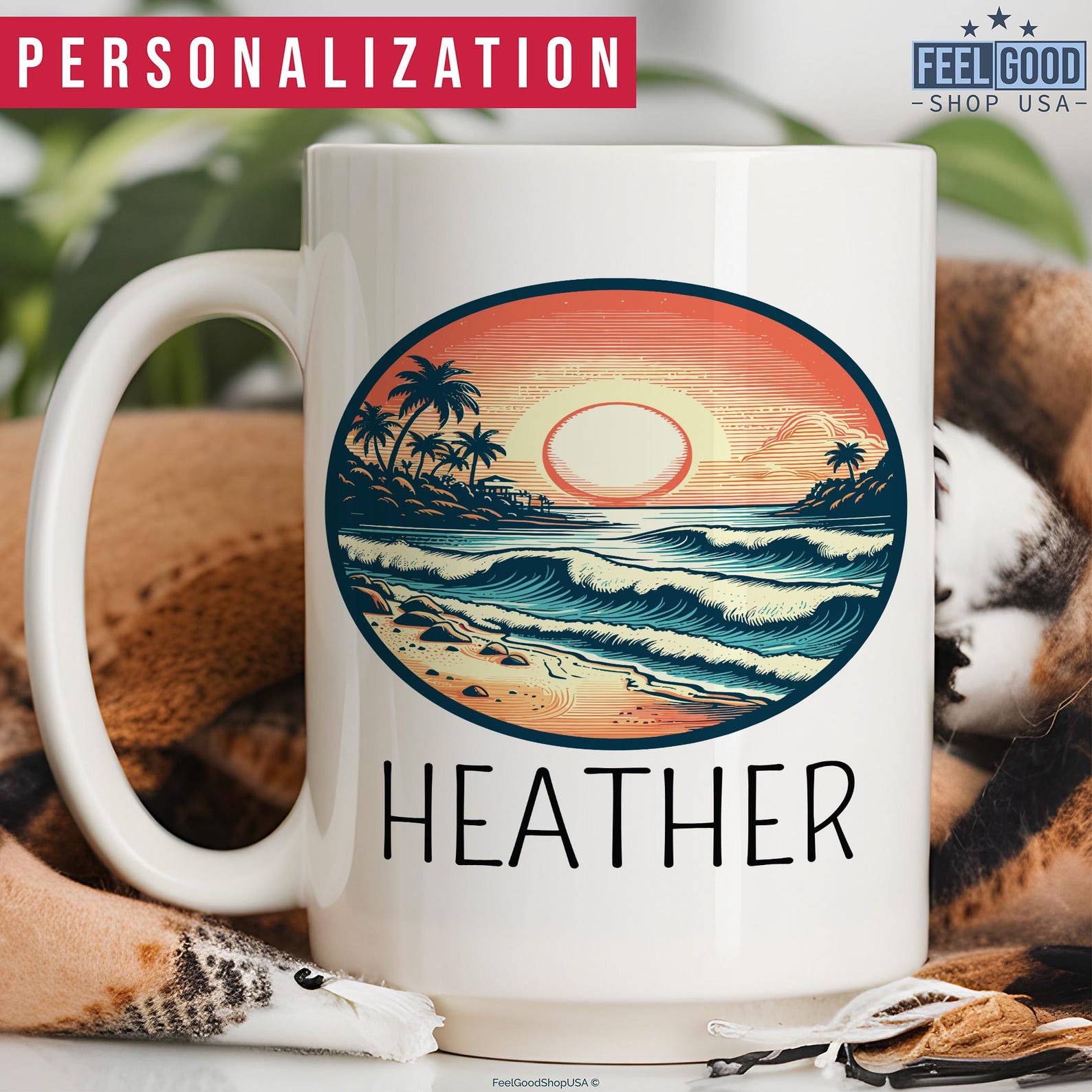 Retro Tropical Beach Sunset Mug, Personalized Beach Sunset Gift, Custom ...