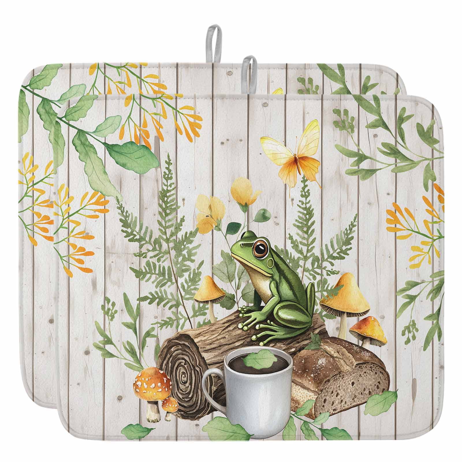 Retro Tropical Dish Drying Mat, Frog Coffee Mushroom Plant Absorbent ...