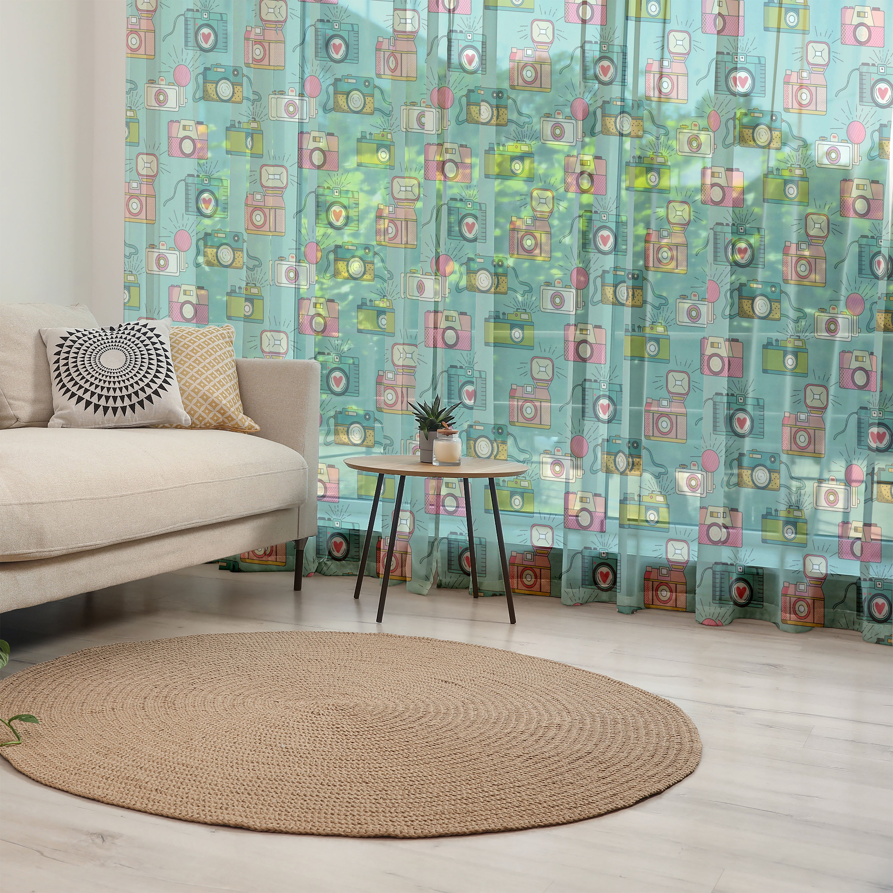 Retro Tulle Curtains with Rod Pocket, Cheerful Hipster Pattern Old ...