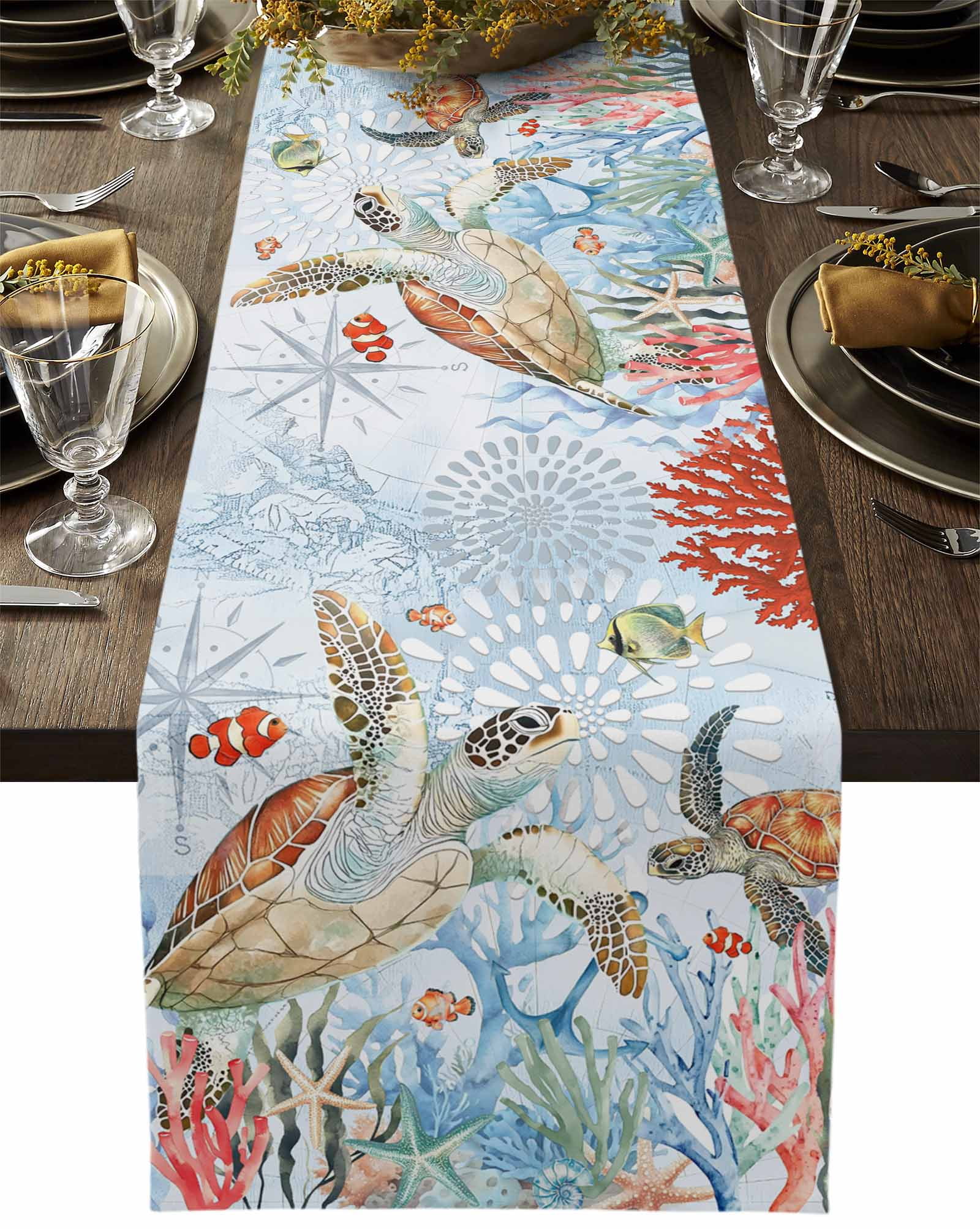 Retro Turtle Summer Coastal Coral Table Runners 13x36 Inches Long Linen ...