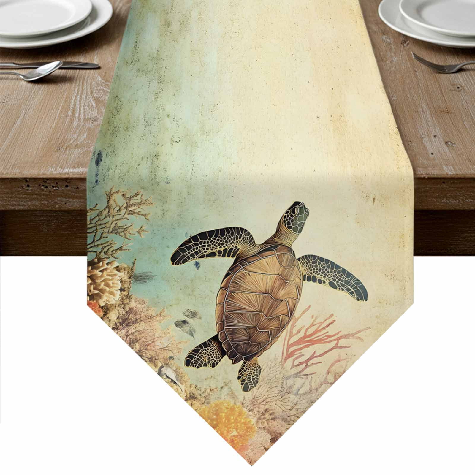 Retro Turtle Table Runner Linen Burlap Table Runner 60 Inches Long ...