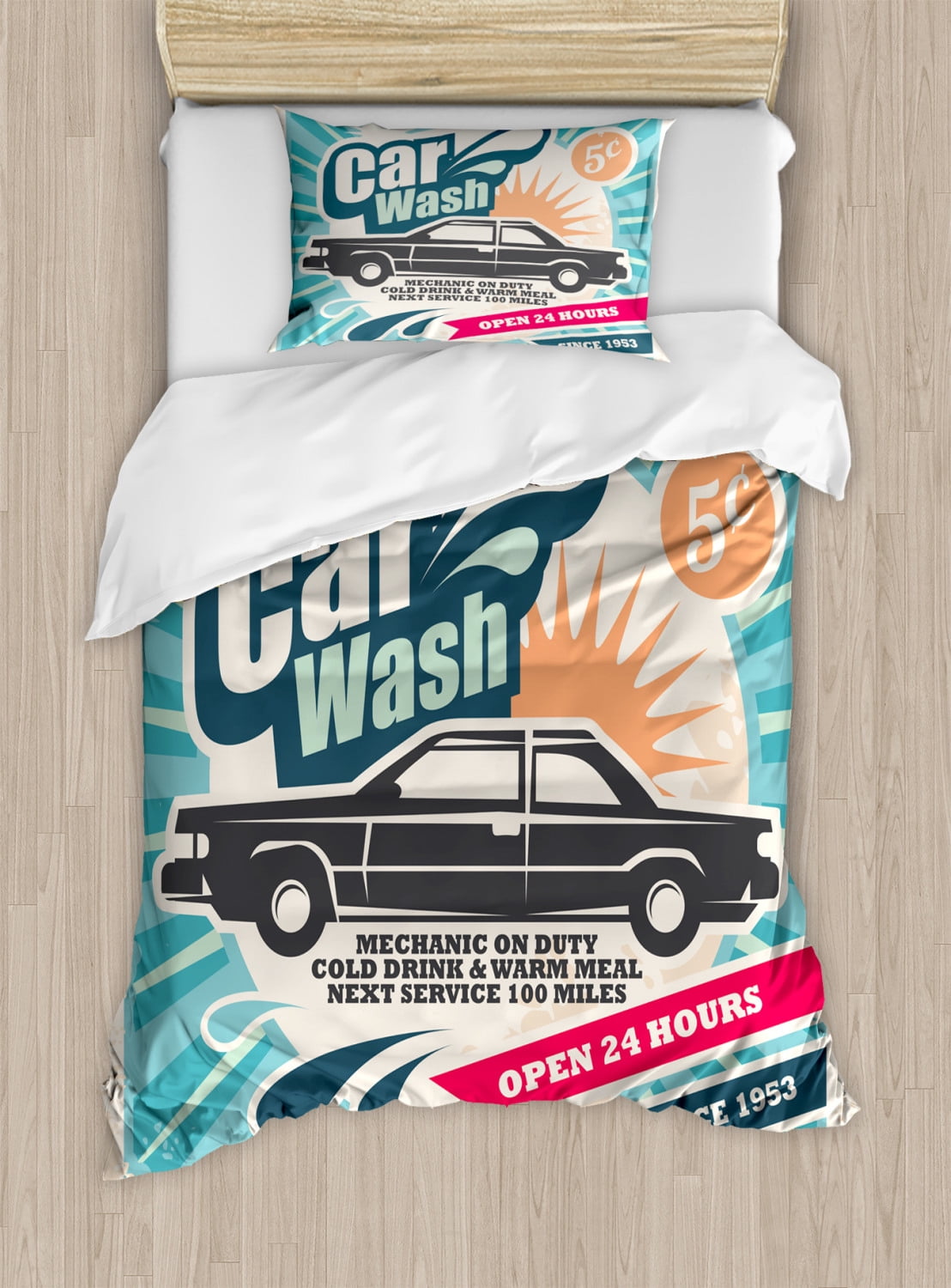 Retro Twin Size Duvet Cover Set, Retro Car Wash Auto Service Repair ...