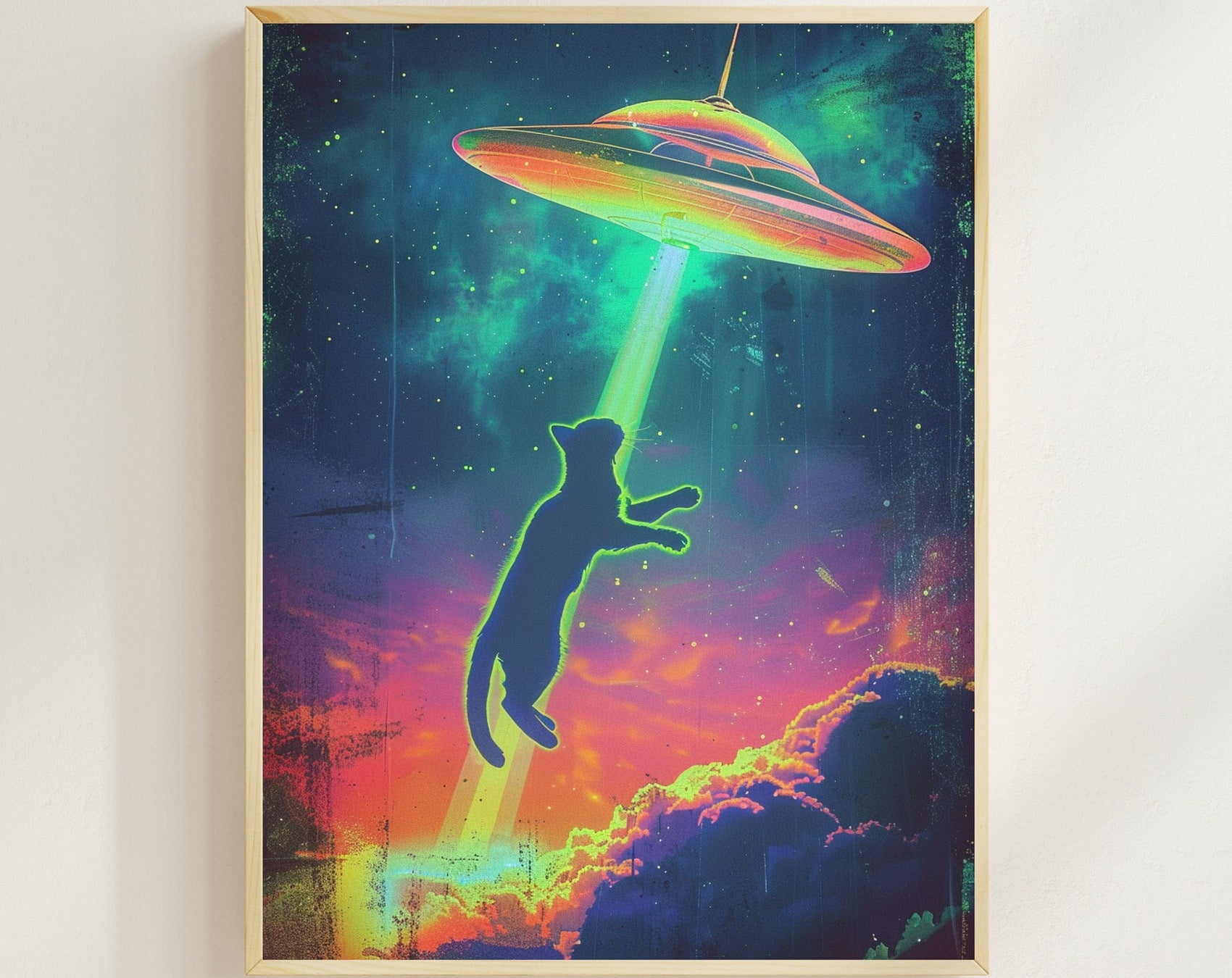 Retro UFO Poster UFO Abduction Art Funny Cat Print Alien Art Print 80s ...
