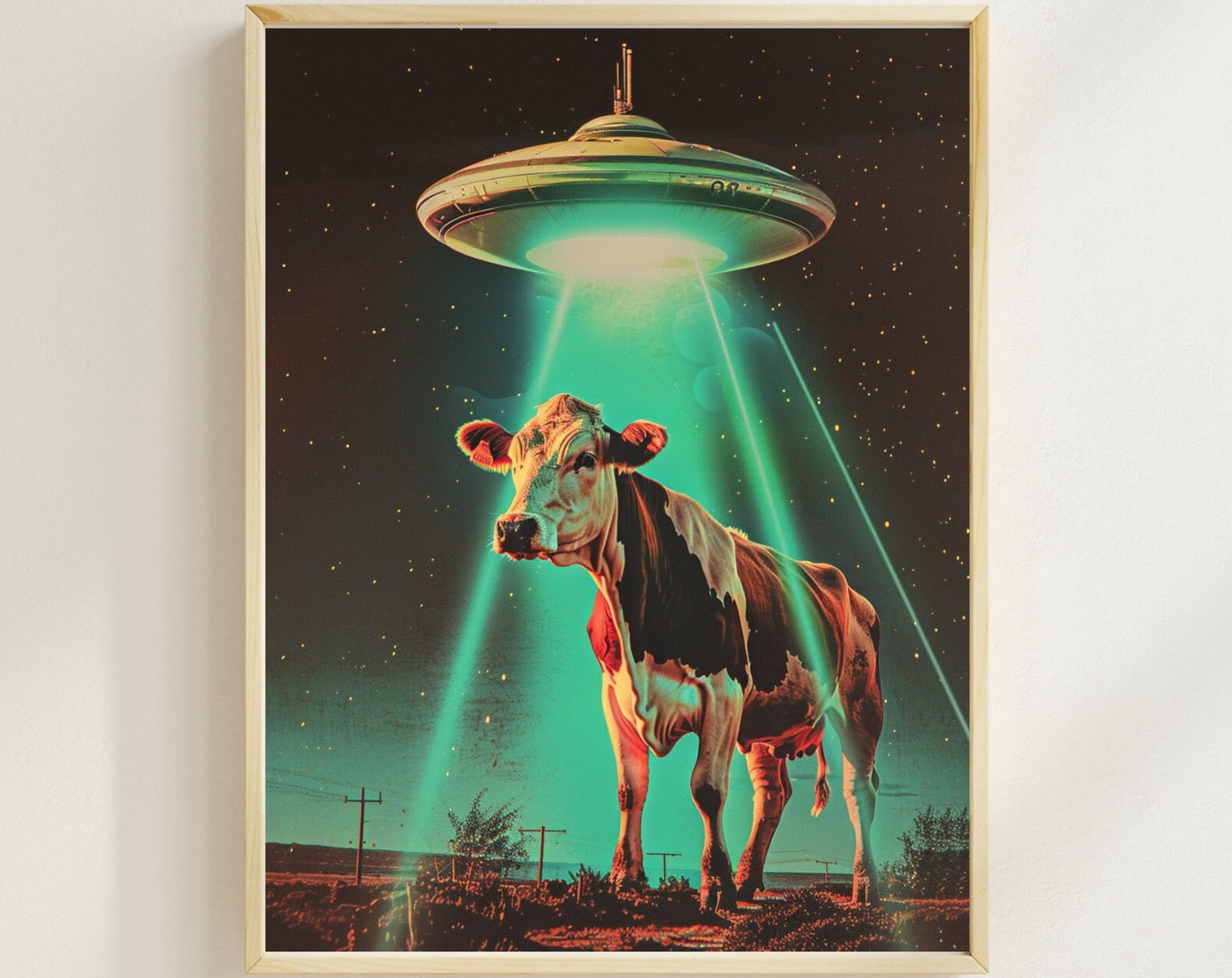 Retro UFO Poster UFO Abduction Art Funny Cow Print Alien Art Print 50s ...