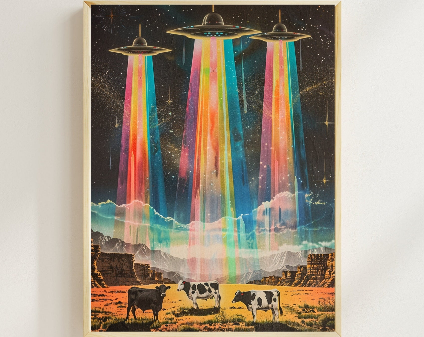 Retro UFO Poster UFO Abduction Art Funny Cow Print Alien Art Print ...