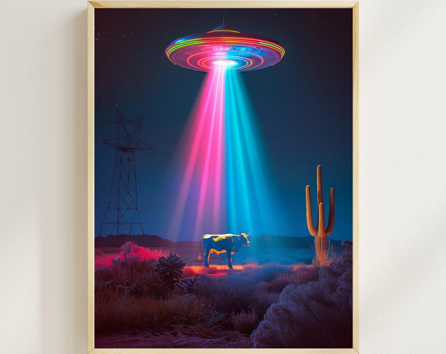 Retro UFO Poster UFO Abduction Art Funny Cow Print Alien Art Print Ufo ...