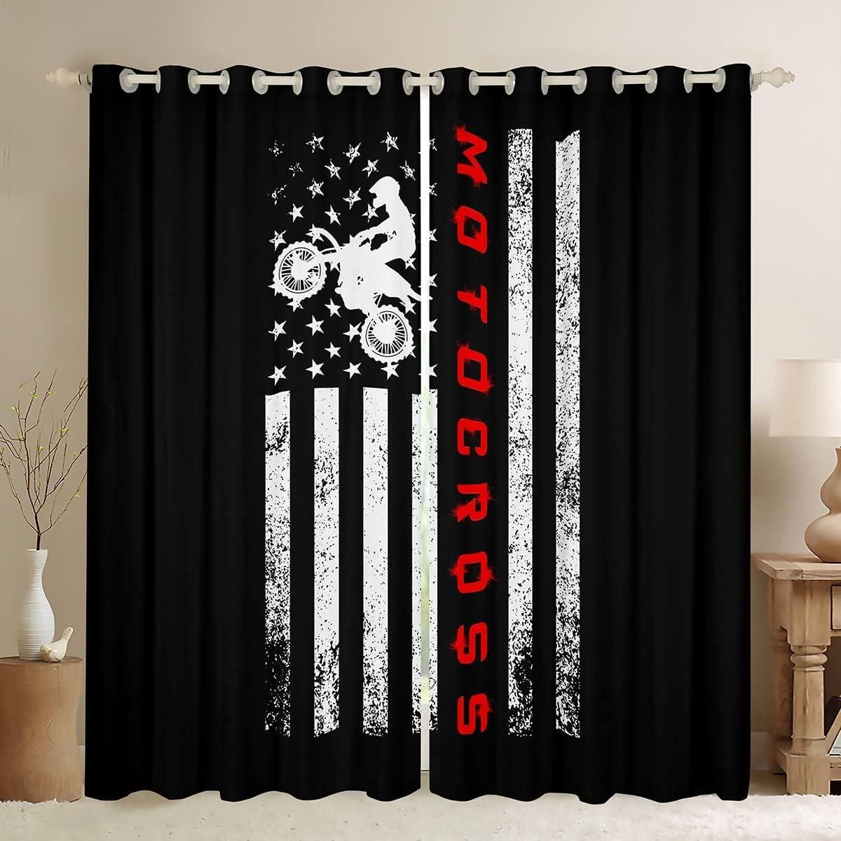 Retro US Flag Motocross Window Curtains 2-Piece Set for Boys Room ...