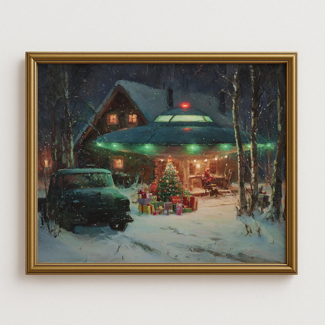 Retro Ufo Winter Wall Art, Santa Cabin With Spaceship, Snowy Winter ...