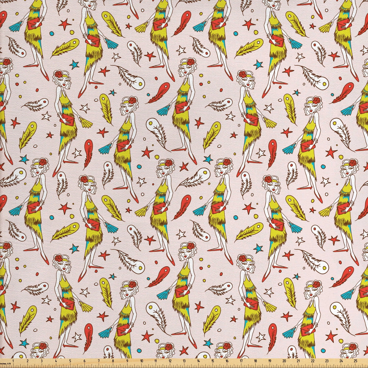 Retro Upholstery Fabric by the Yard, Flapper Girl in Colorful Tropic ...