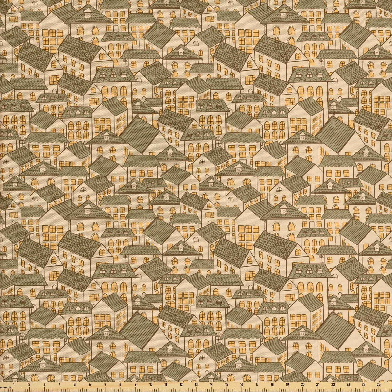 Retro Upholstery Fabric by the Yard, Hand Drawn Village Town Houses ...
