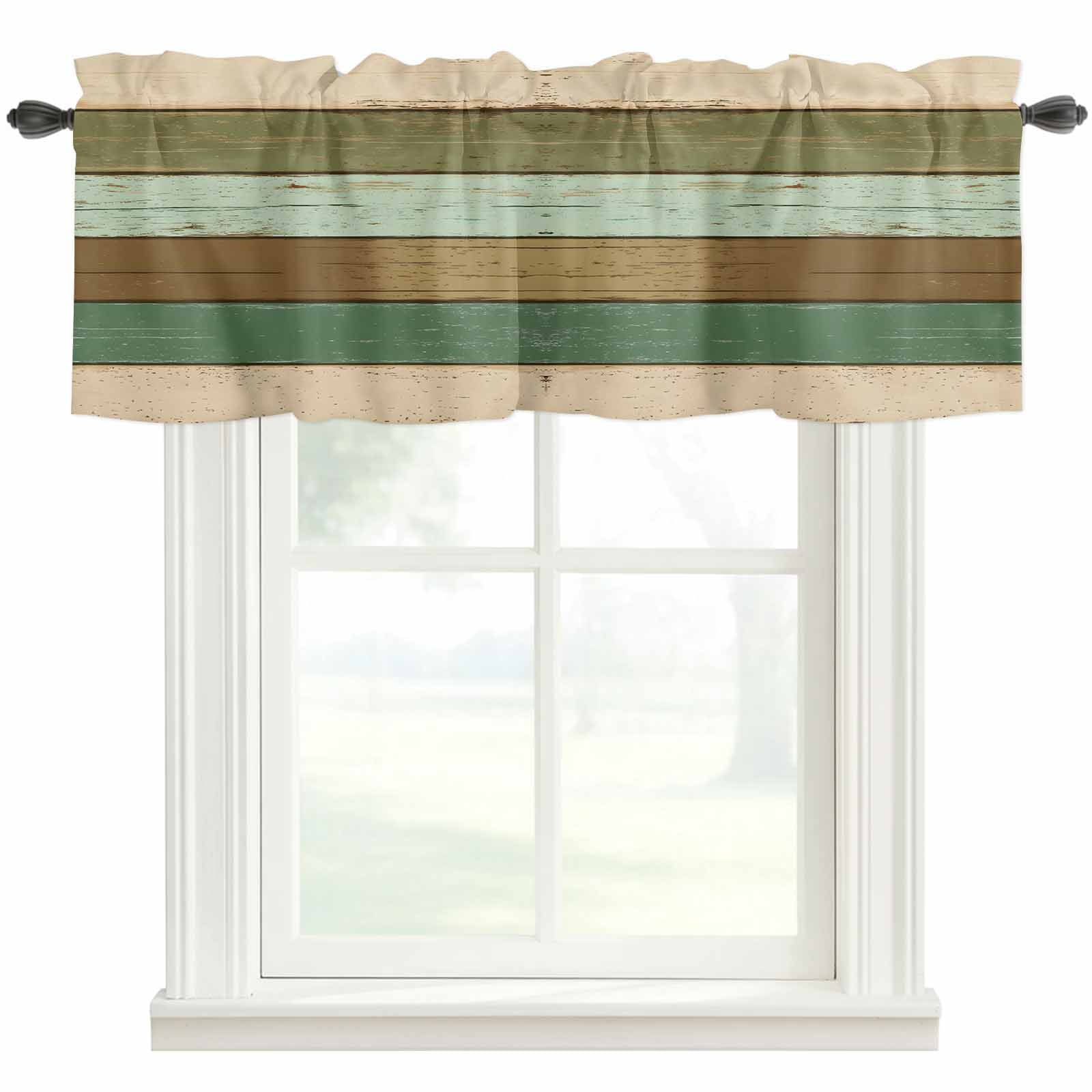 Retro Valances for Windows Green-brown Stripe Rustic Wood Grain ...