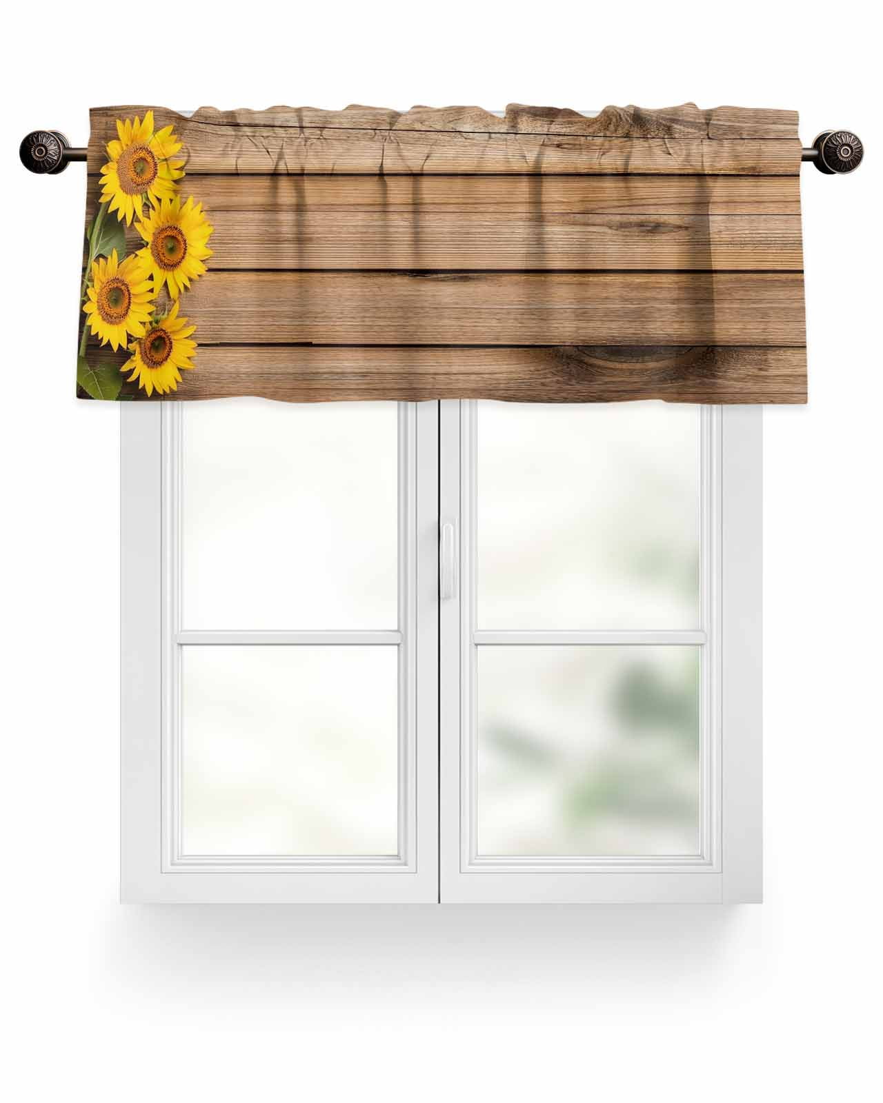 Retro Valances for Windows Sunflowers Rustic Wood Grain Texture ...
