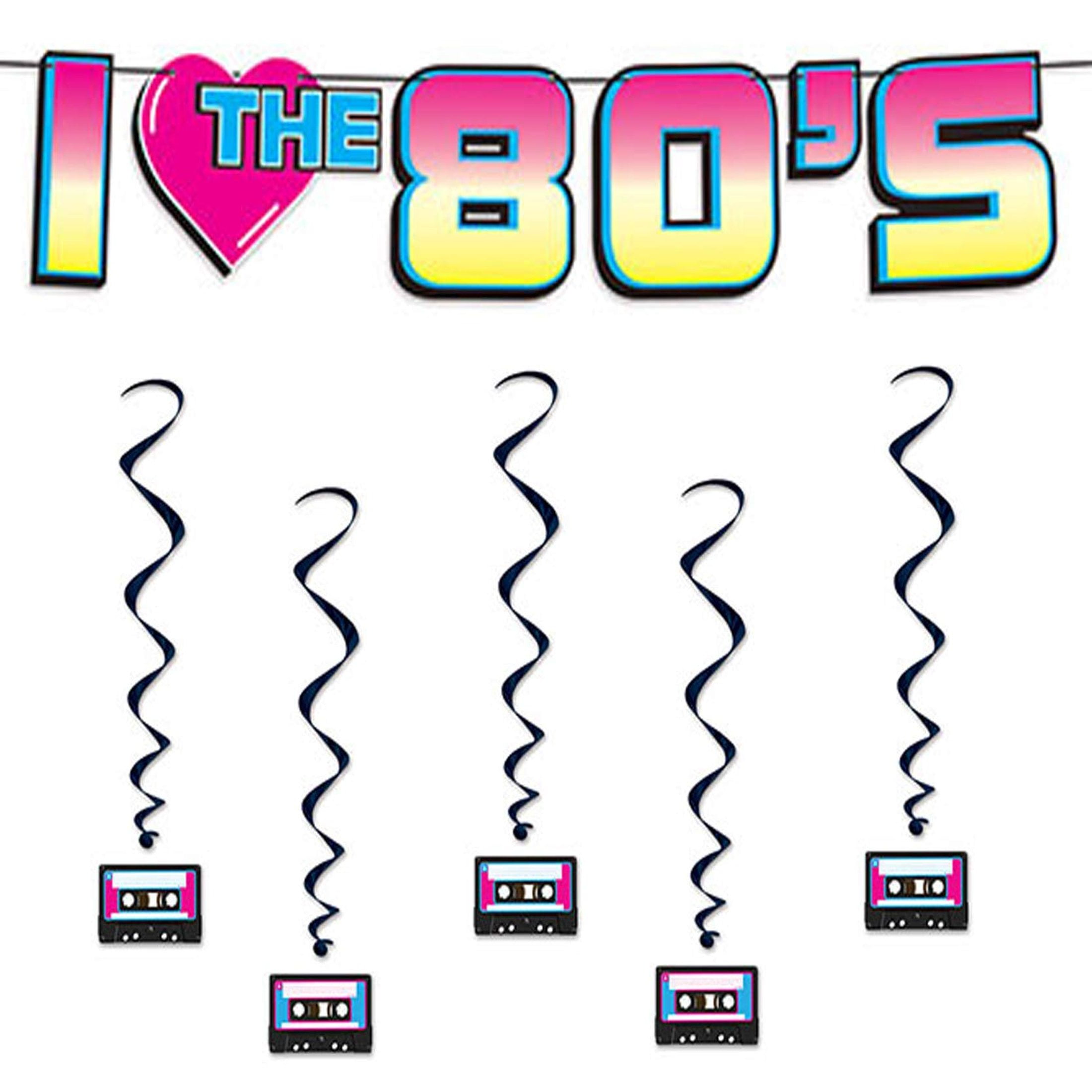 Retro Vibes Party Pack - 80's Streamer Garland & Hanging Whirls Decor ...