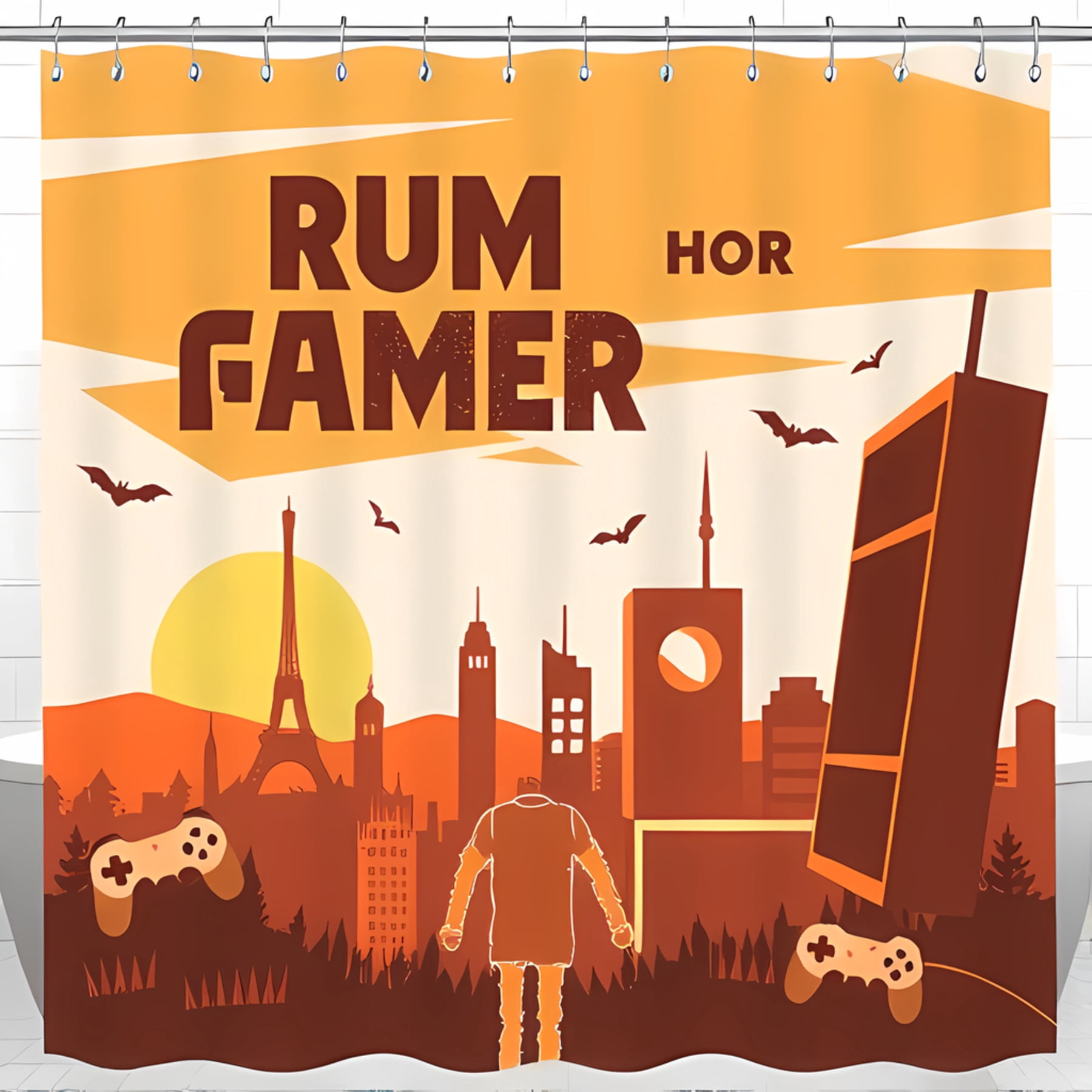 Retro Vibrant Shower Curtain with Burnt Orange and Cream Cityscape ...
