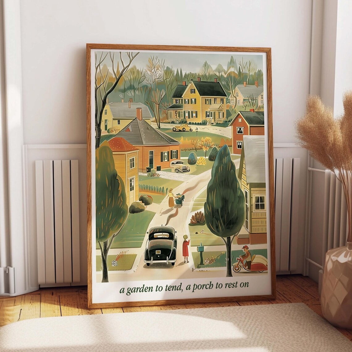 Retro Village Print - Nostalgic Community Suburban Landscape Wall Art ...