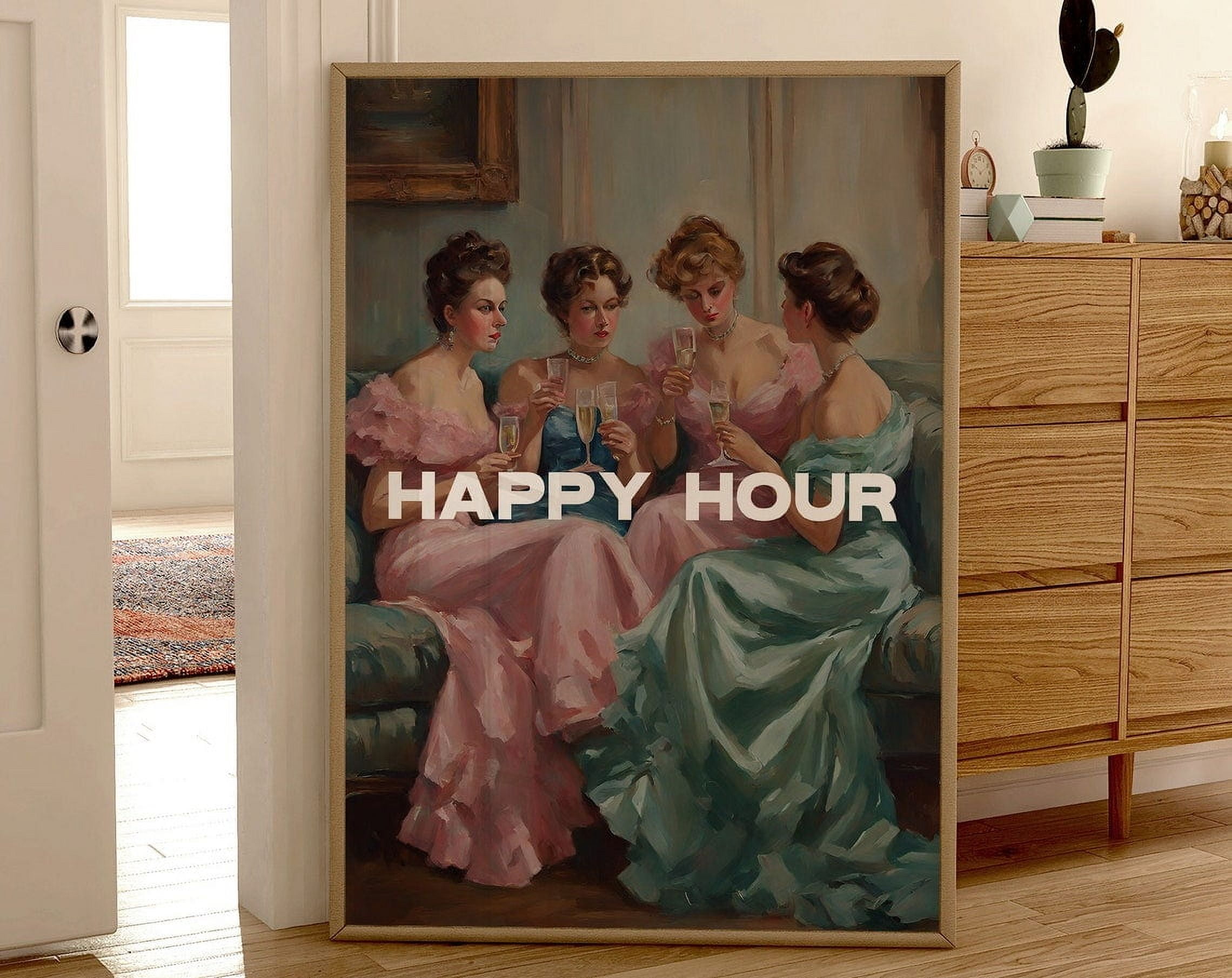 Retro Vintage Happy Hour Print, Trendy Wall Art Prints, Girly Digital ...