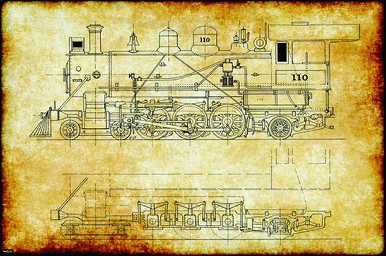 Retro Vintage Locomotive Train Engineering Technical Drawing Schematic ...