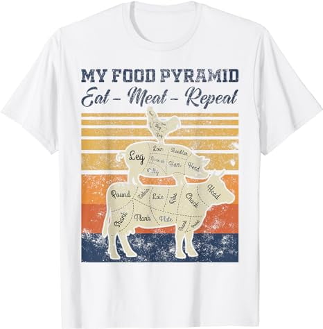 Retro Vintage My Food Pyramid Eat Meat Repeat Funny BBQ Joke T-Shirt ...