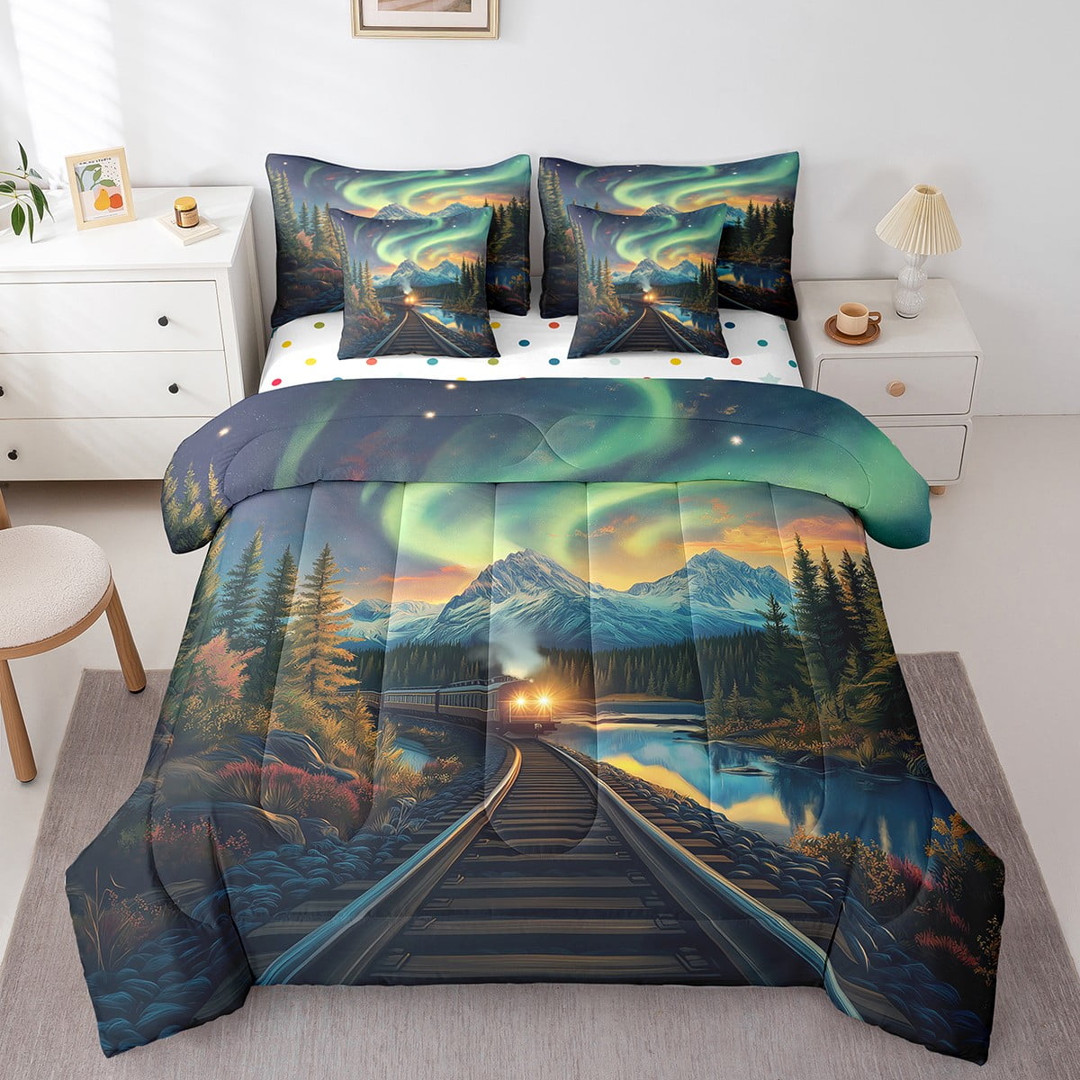 Retro Vintage Train Twin Comforter Set 7 Piece Railway Train Bedding ...