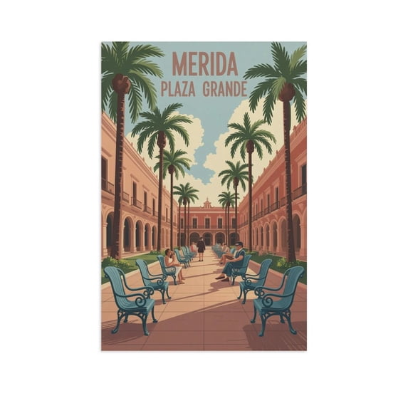 Retro Vintage Travel Poster Wall Art Plaza Grande Merida Mexico ...