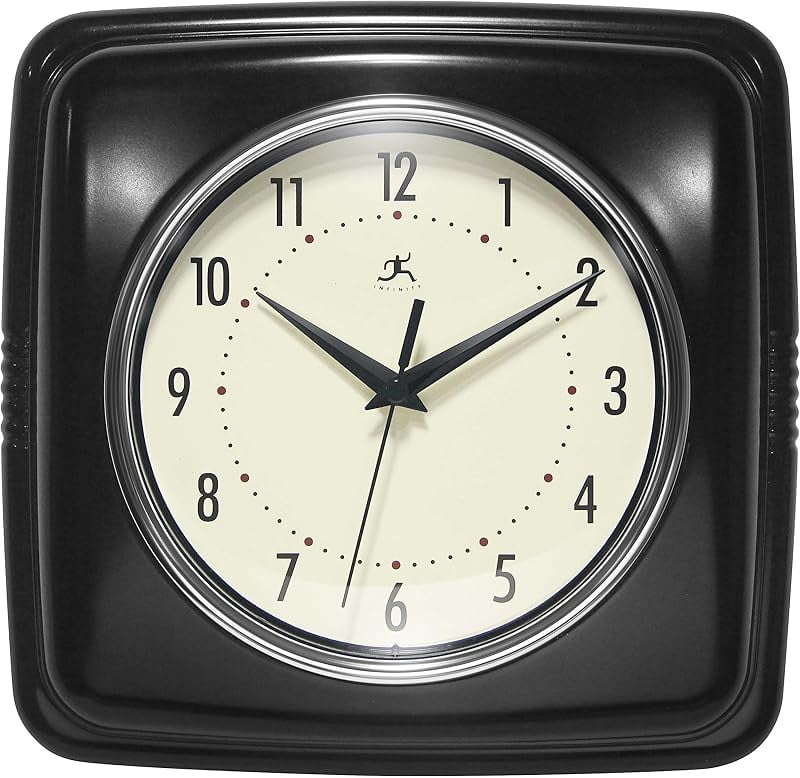 Retro Wall Clock - 9 Inch Square Clock - Silent Non-Ticking Mid Century ...
