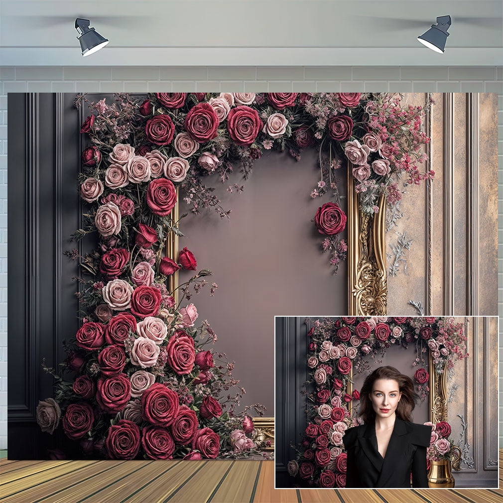 Retro Wall Wedding Backdrops Frame Style Pink Red Rose Flowers Purple ...